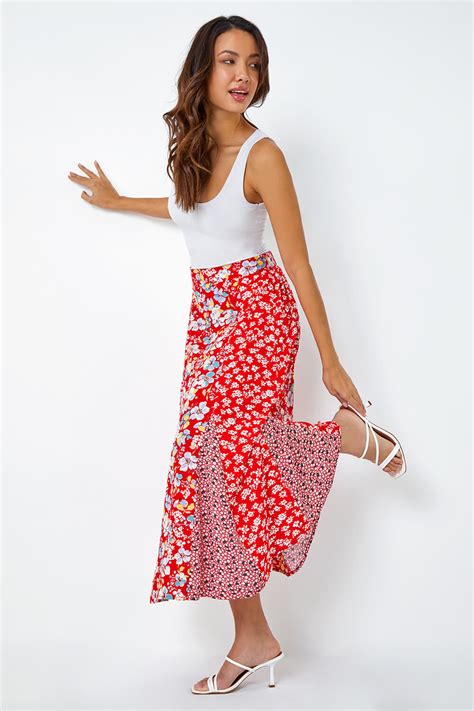 Red Ditsy Floral Print Midi Skirt Roman Uk