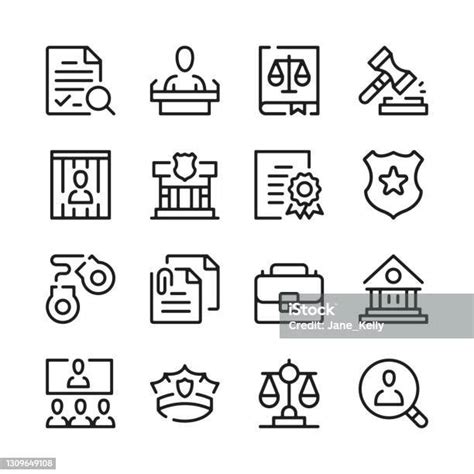 법률 라인 아이콘 설정입니다 정의 개념 현대적인 그래픽 디자인 얇은 선 개념입니다 간단한 선형 윤곽선 요소 컬렉션 벡터 선 아이콘 저울에 대한 스톡 벡터 아트 및 기타