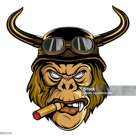 Gorila Dalam Helm Biker Dan Dengan Cerutu Ilustrasi Vektor Primata