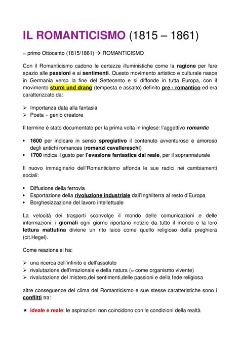 Il Romanticismo Letteratura Italiana Appunti Di Italiano Docsity