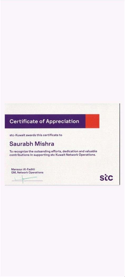 Saurabh Mishra On Linkedin Certificate Of Appreciation From Stc Kuwait