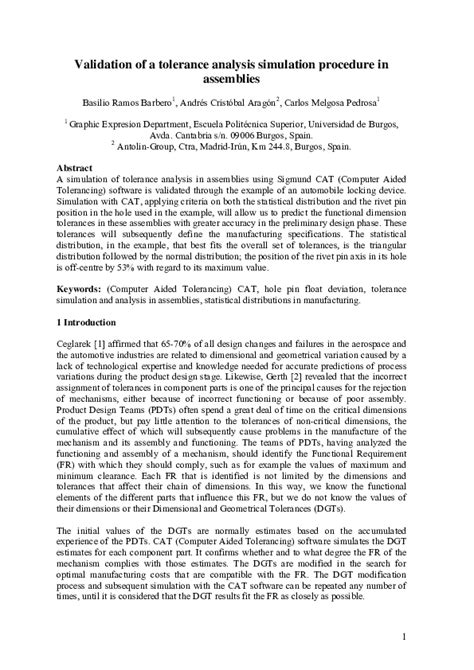 pdf validation of a tolerance analysis simulation procedure in assemblies