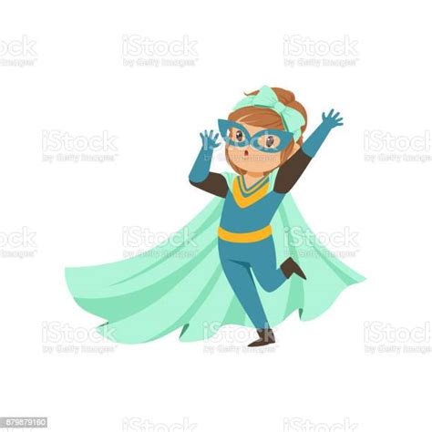 만화 용감한 꼬마 한쪽 다리에 서 있고 그녀의 손을 흔들며 슈퍼 히어로 의상 입고 벡터 평면 슈퍼 소녀 캐릭터 만화 교육에 대한
