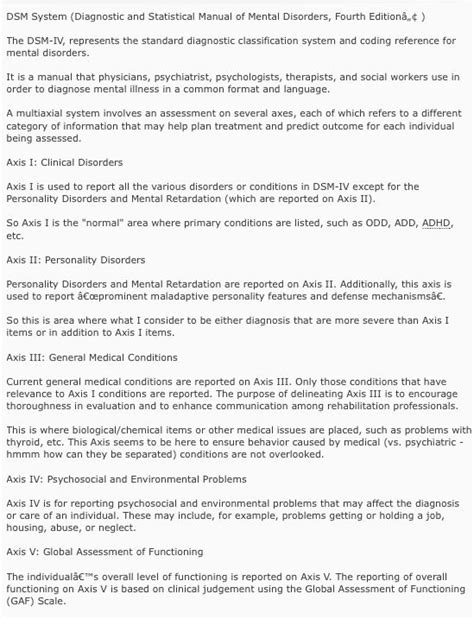 Multi Axial System For Dsm Iv Dsm Iv Social Work Dsm