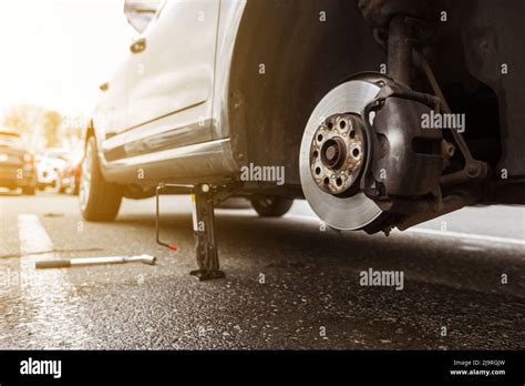 Process Of Self Replacing Car Wheel After Crash Automotive Concept