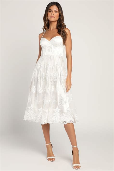 White Midi Dress Lace Dress Bustier Dress Sleeveless Dress Lulus