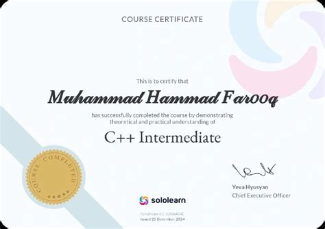 Completed C Intermediate Course By Sololearn Hammad Farooq