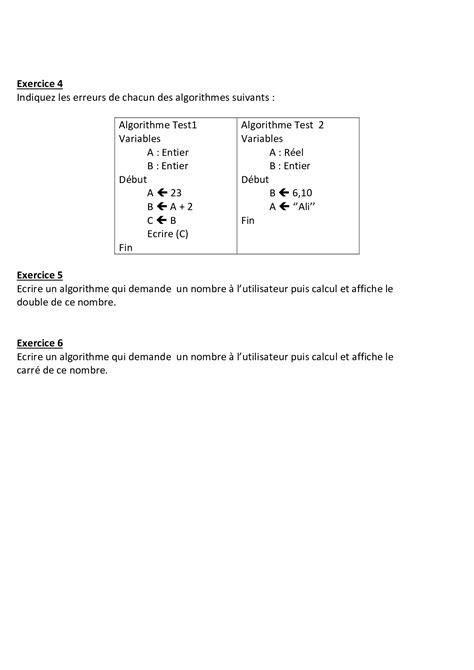 Algorithmes Et Programmation Exercices Non Corrigés 1 Alloschool