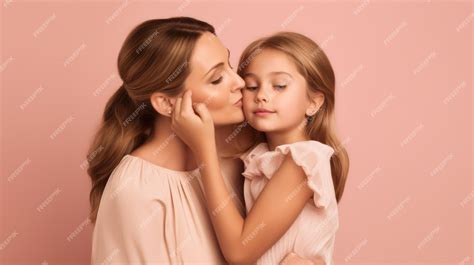 Premium Ai Image A Mother And Daughter Kiss On A Pink Background