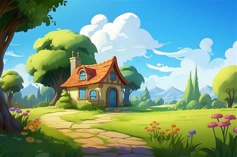 Casa en el campo al lado de un árbol grande estilo de dibujos animados