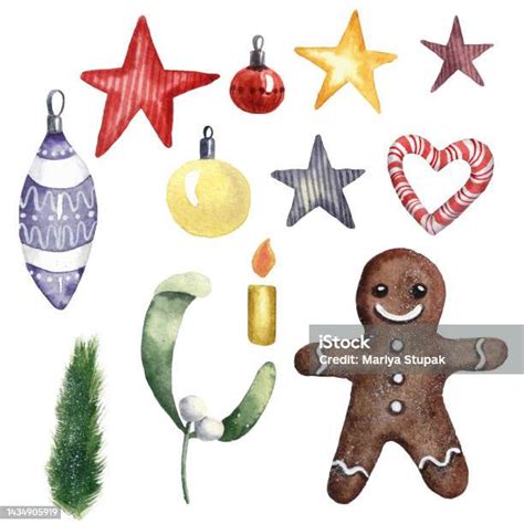 수채화 크리스마스 세트입니다 귀여운 크리스마스 트리 장난감 화환 선물 및 크리스마스 장식 손으로 그린 그림입니다 귀여운 만화 스타일 크리스마스 카드와 지문에 대 한 재미있는