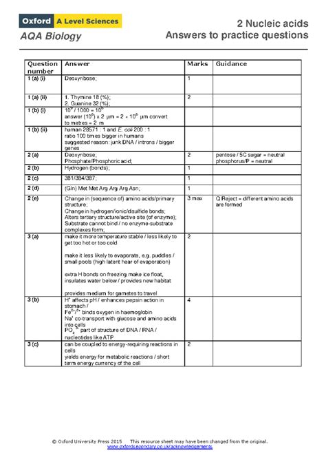 Chap2 Nucleic book answers - AQA Biology 2 Nucleic acids Answers to practice questions Question ...