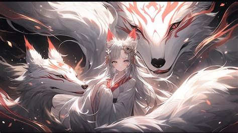 Anime Mädchen Mit Weißen Haaren Und Roten Augen Steht Neben Zwei Weißen