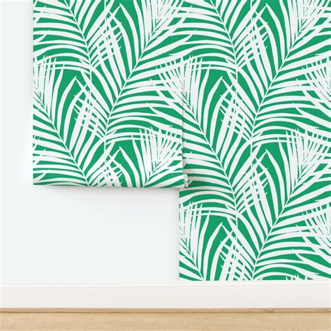 Coastal Palm Leaves Jade Green And White 1 Wallpaper Spoonflower