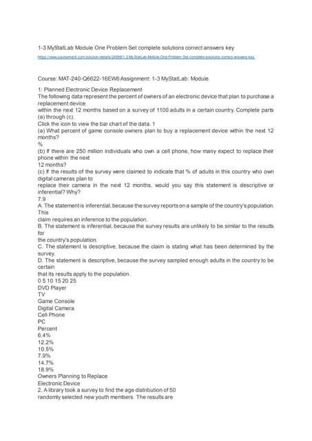 1 3 My Statlab Module One Problem Set Complete Solutions Correct