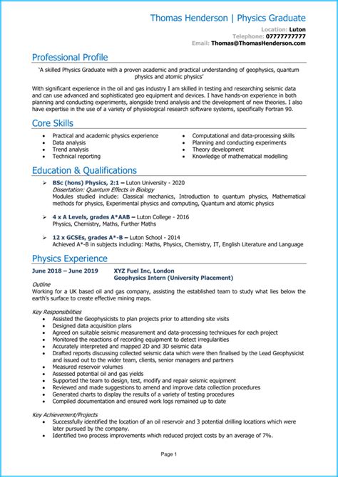 Physics Graduate Cv Example Guide Get Hired