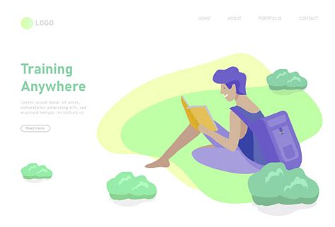 온라인 교육 교육 및 과정을 위해 야외에서 편안한 학습 인이있는 웹 페이지 디자인 템플릿 세트 웹 사이트 및 모바일 웹 사이트에 대한 현대적인 벡터 일러스트 레이션 개념