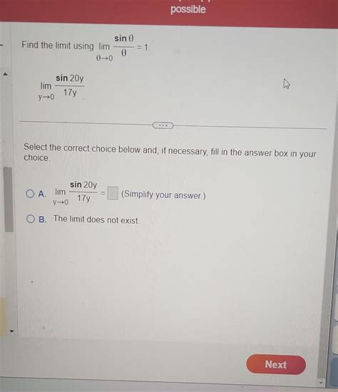 solved find the limit using limθ→0θsinθ 1 limy→017ysin20y
