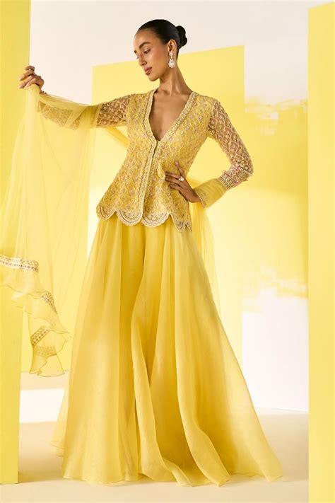 Shop Yellow Sequin Bead Pearl And Thread Embroidered Peplum Top