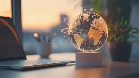 Illuminated Globe Showing Global Connections And Data Flow In Modern Office At Sunset Stock
