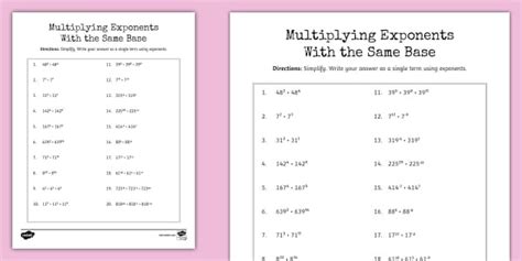 Eighth Grade Multiplying Exponents With The Same Base Practice
