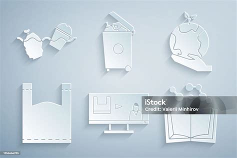 세트 플라스틱 오염을 중지 손으로 들고 지구 지구 비닐 봉지 오픈 북 휴지통 및 바다 아이콘의 문제 벡터 3차원 형태에 대한