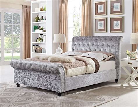 MONROE Silver Crushed Velvet 4ft 6 Double Sleigh Bed