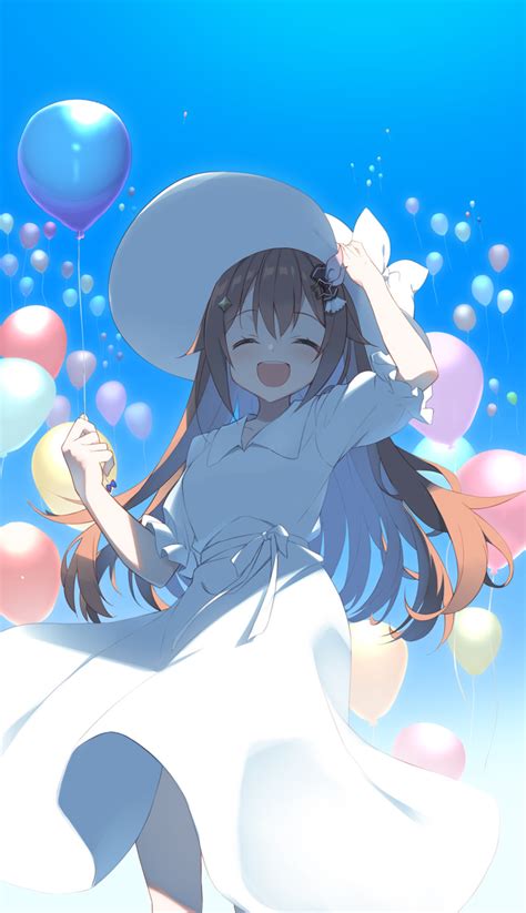 Safebooru 1girl Balloon Brown Hair Casual Closed Eyes Diamond Hair
