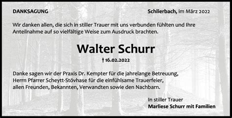 Danksagung Walter Schurr 12 03 2022 Teckbote Trauerportal