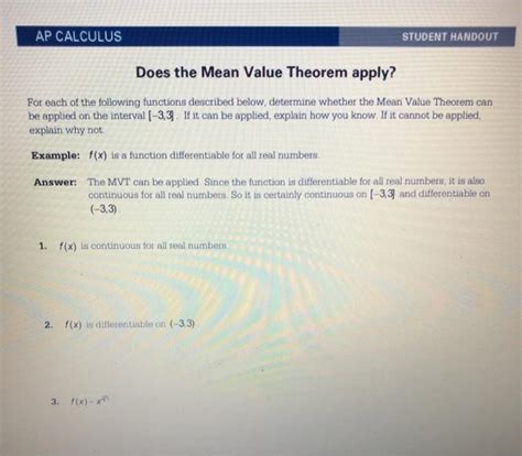 Solved AP CALCULUS STUDENT HANDOUT Does The Mean Value Chegg