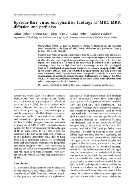 Pdf Epstein Barr Virus Encephalitis Findings Of Mri Mrs Diffusion