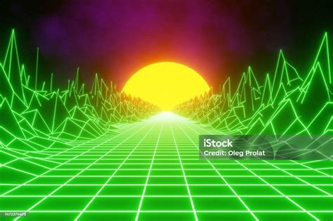 녹색 복고풍 미래 기술 배경 3d 렌더링 80년대 복고풍 배경 90년대 미래 공상 과학 신스웨이브 복고풍 우주 공간 별하늘 태양 성운 1990 1999 년에 대한 스톡 사진