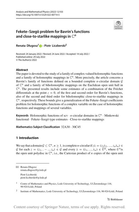 Pdf Fekete Szegö Problem For Bavrins Functions And Close To Starlike Mappings In { Mathbb