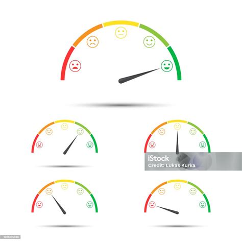등급 고객 만족도 측정기의 벡터 그림 컬러 미소 간단한 Tachometer 속도계 및 흰색 배경에 고립 된 이모티콘과 지표와 빨간색에서 녹색에 다른 색상 감정에 대한 스톡