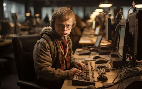 premium photo man sitting at desk with computer generative ai