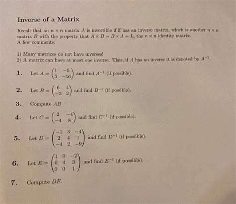 Solved Inverse Of A Matrix Recall That An N X N Matrix A Is Chegg Com