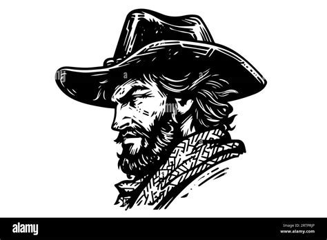 Cowboy Head On Hat In Engraving Style Hand Drawn Ink Sketch Vector