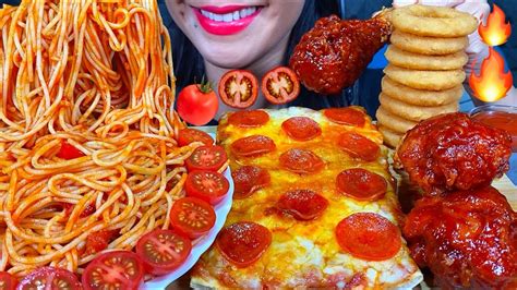 Asmr Tomato Spaghetti Cheesy Pepperoni Pizza Spicy Fried Chicken