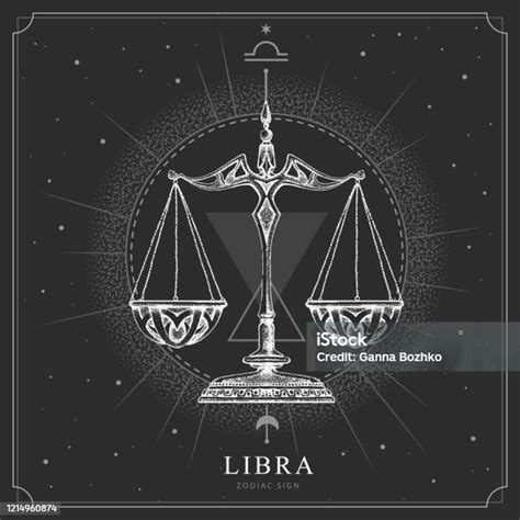 점성술 Libra 조디악 기호와 현대 마술 마술 카드 사실적인 손 그리기 저울 그림 고풍스런에 대한 스톡 벡터 아트 및 기타