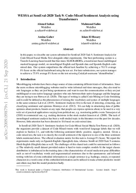 Pdf Wessa At Semeval 2020 Task 9 Code Mixed Sentiment Analysis Using