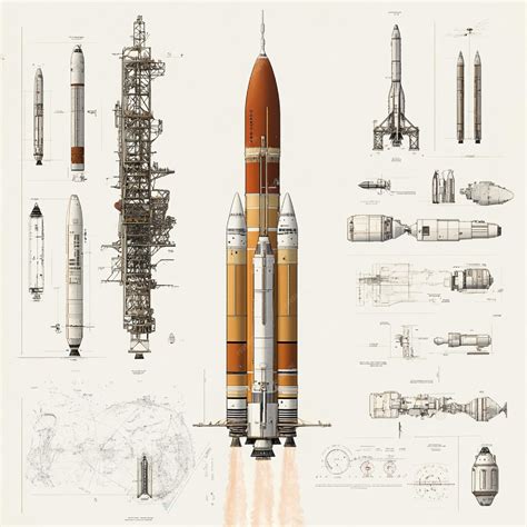A Detailed View Of A Spacecraft Launch Sequence Including Various Stages And Components