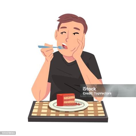 맛있는 케이크를 먹는 젊은 남자 체크 가까스 식탁보 만화 벡터 일러스트와 테이블에 앉아 쾌활한 사람 남자에 대한 스톡 벡터 아트