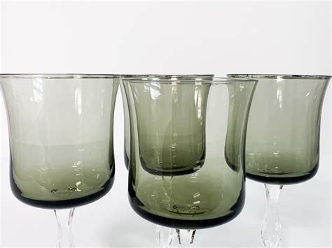 4 Vintage Gray And Clear W Silver Rim Wine Glasses Retro Set Of Four