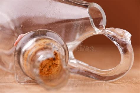Broken Glass Bottle With Cork On Wooden Table Broken Structure Stock