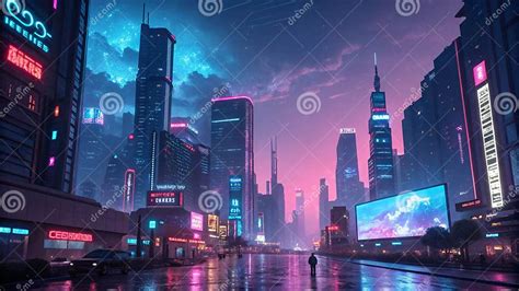 Cyberpunk City Street at Night, Rain Reflecting Neon Lights Stock Illustration - Illustration of ...