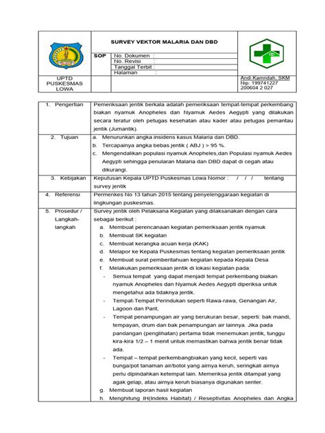 Sop Survey Vektor Malaria Dan Dbd Pdf
