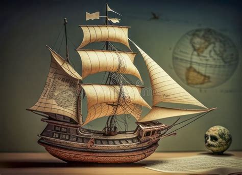 Wooden Ship Model And Compass Rose Wall Art Stock Illustration Illustration Of Vintage
