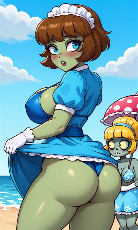 Rule 34 Ai Generated Beach Bikini Zombie Pvz Blonde Hair Blonde Hair Female Blue Clothing