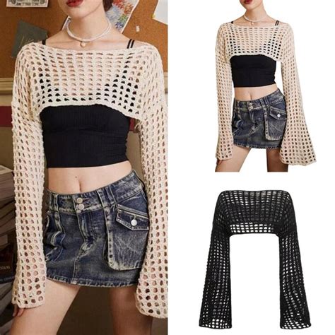 Womens Mesh Crochet Crop Top Long Sleeve Hollow Out Cropped Knit