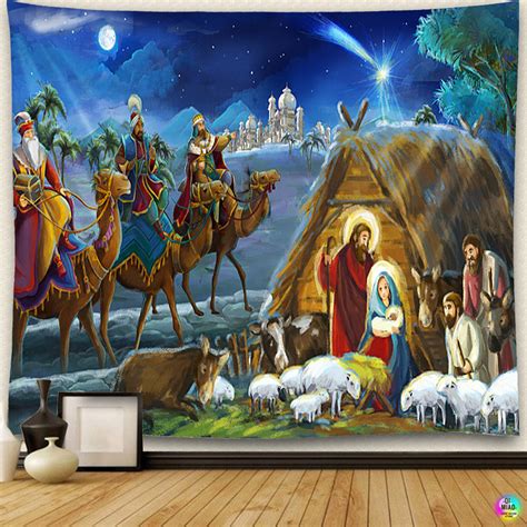 Nativity ฉาก Tapestry พระเยซู Birth Manger Barn แขวนผนัง Angel Easter